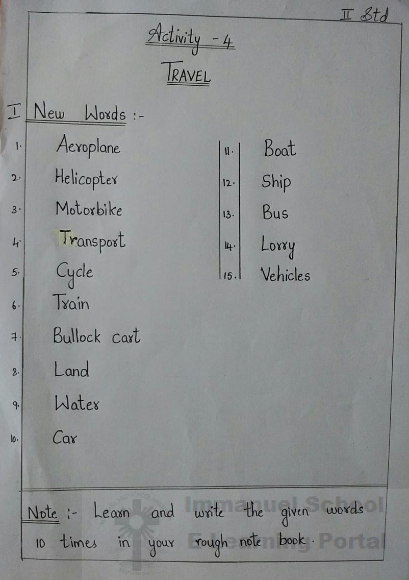 2nd Std EVS -Activity-04- TRAVEL – IMMANUEL PRIMARY SCHOOL