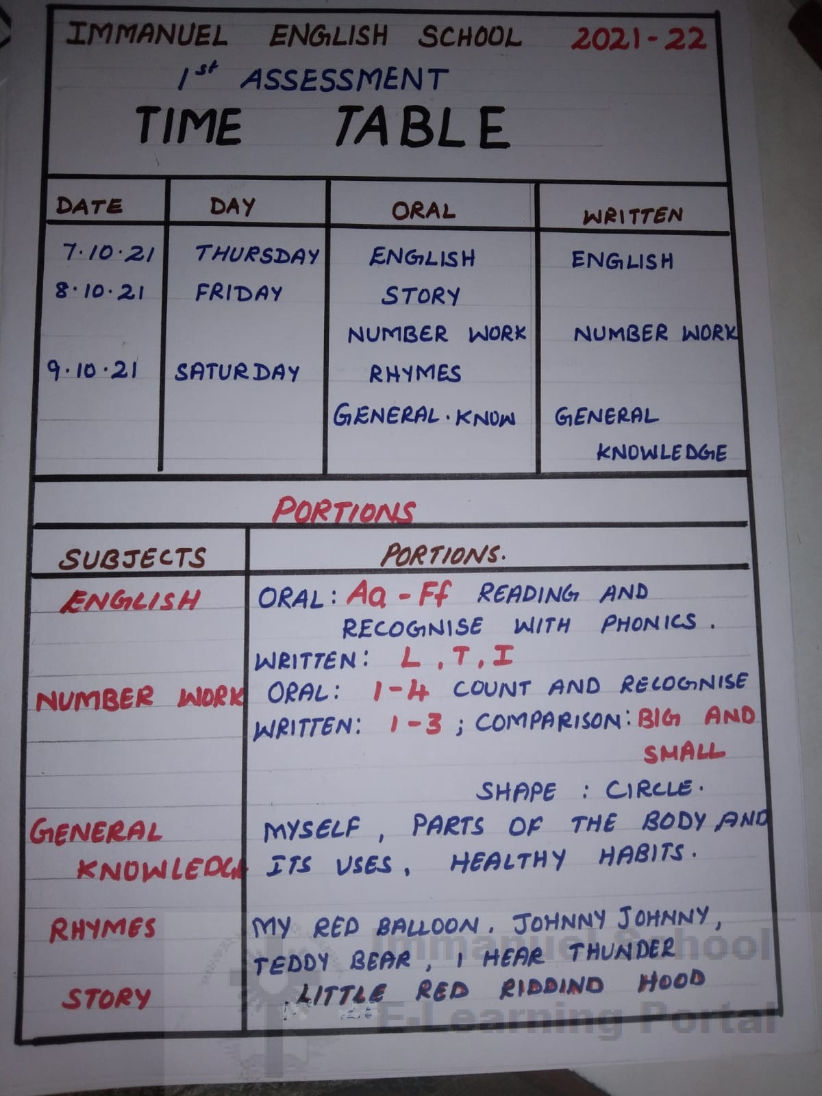 Time table (LKG & UKG) – IMMANUEL PRIMARY SCHOOL